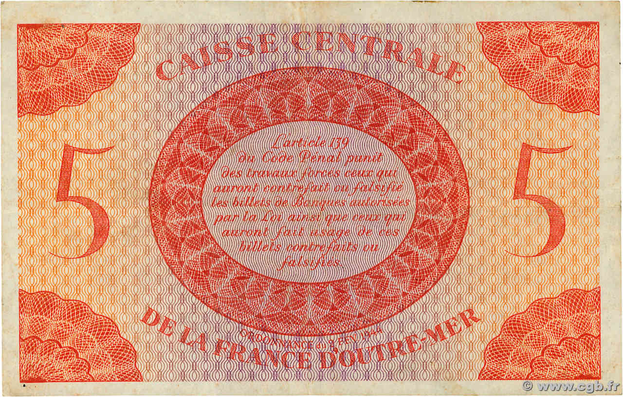 5 Francs Marianne CCFOM AFRIQUE ÉQUATORIALE FRANÇAISE 1944 A.124f ...