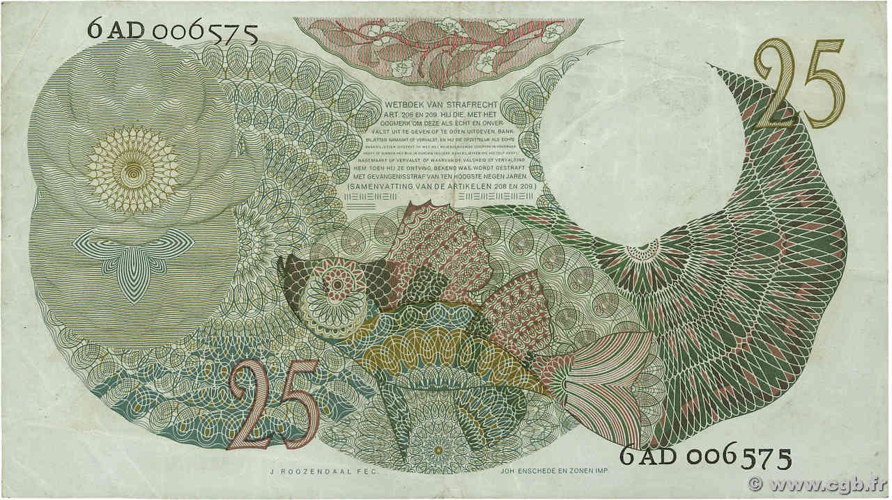 25 Gulden NETHERLANDS 1947 P.081 504865 Banknotes