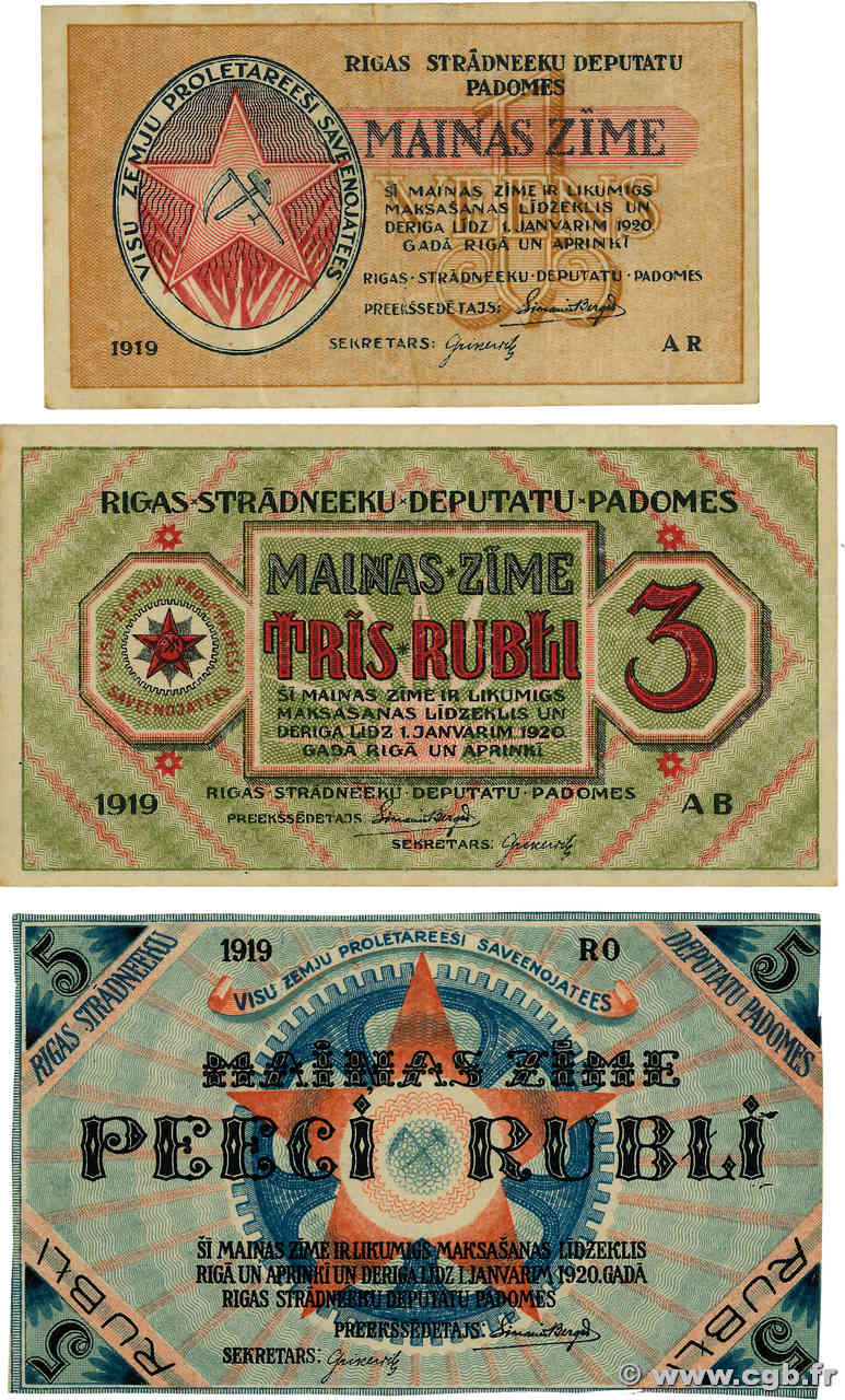 1 au 5 Rubli Lot LETTLAND Riga 1919 P.R1 au P.R3 507599 Banknoten
