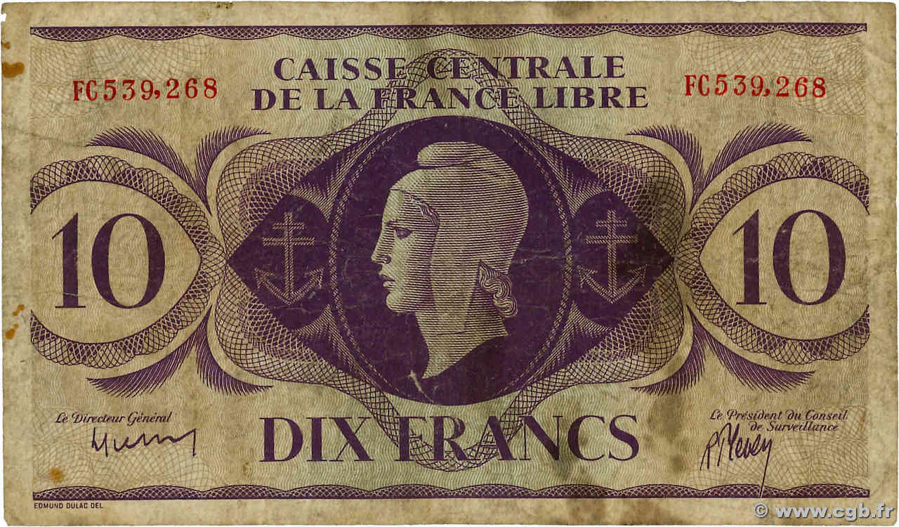 10 Francs Marianne CCFL FRENCH EQUATORIAL AFRICA Brazzaville 1944 A ...