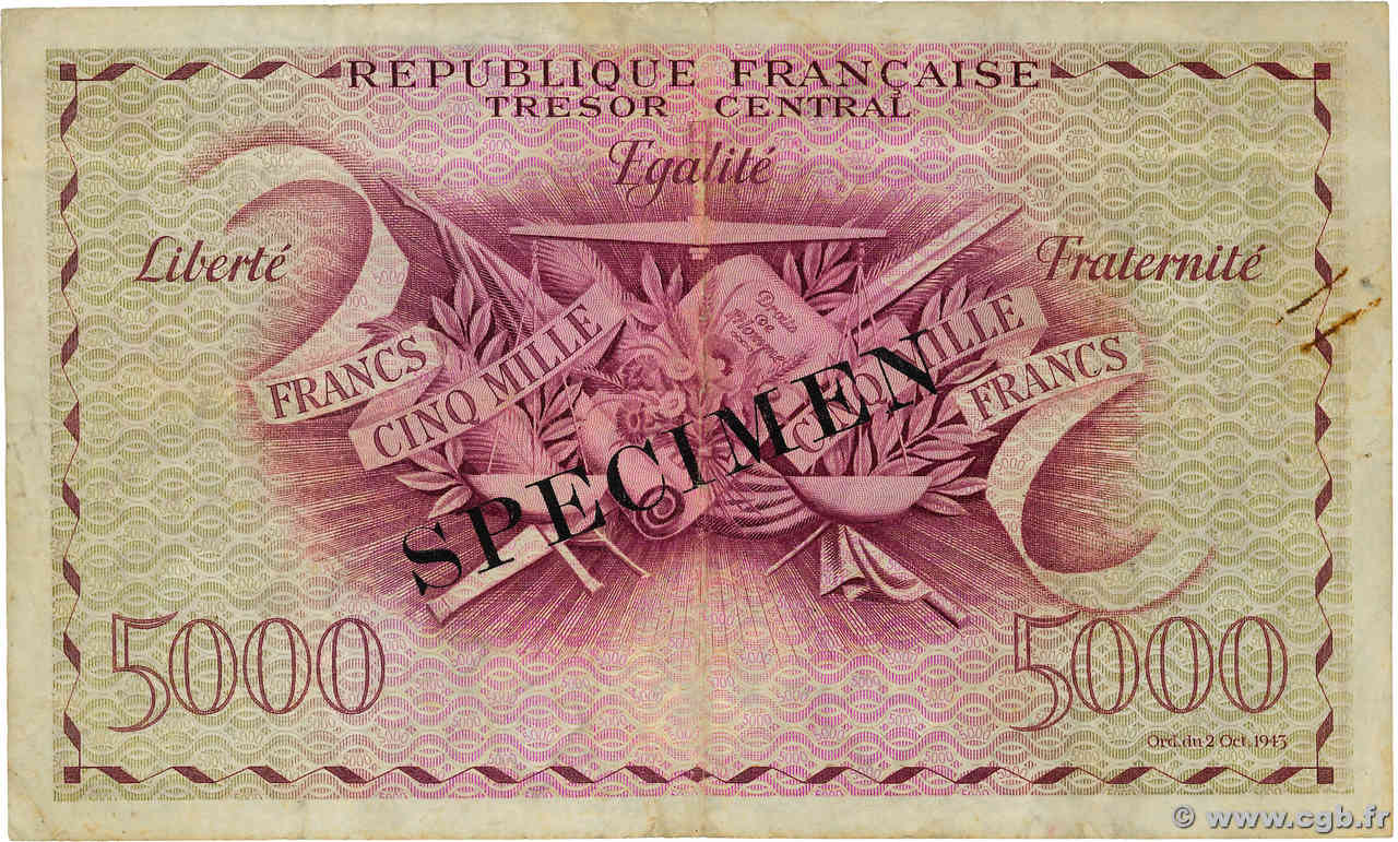 5000 Francs LIBERTÉ Spécimen FRANCE 1943 VF.08.00Sp2 509781 Billets