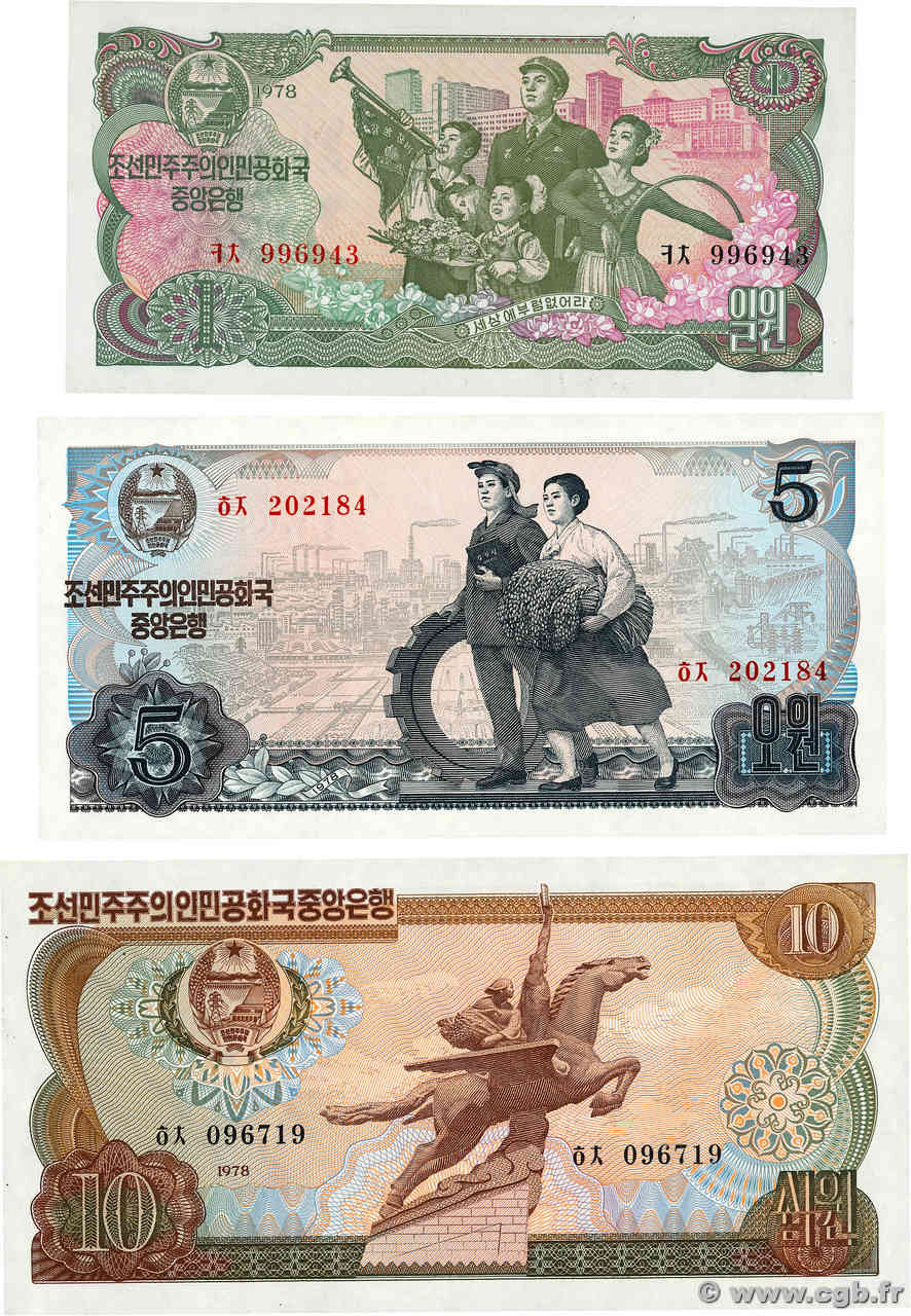 1 au 100 Won Lot CORÉE DU NORD 1978 P.18a, P.19c et P.20b 510396 Billets