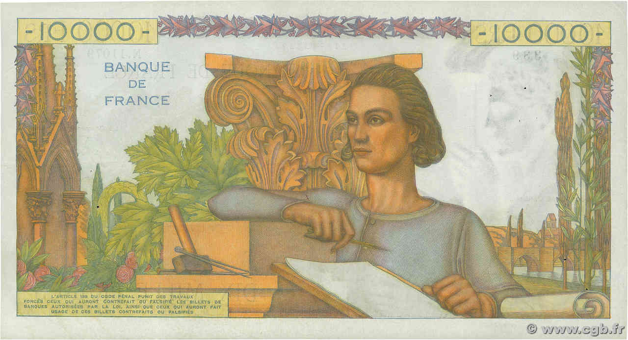 10000 Francs GÉNIE FRANÇAIS FRANCE 1956 F.50.80 512145 纸钞