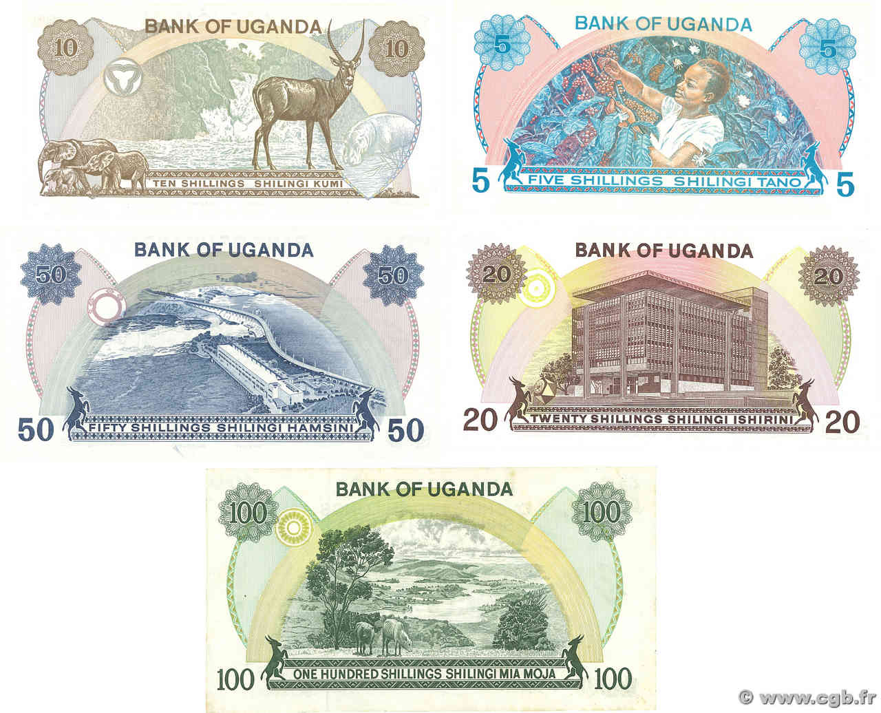 5 à 100 Shillings Lot UGANDA 1973 P.05A à P.09c 513466 Banknotes
