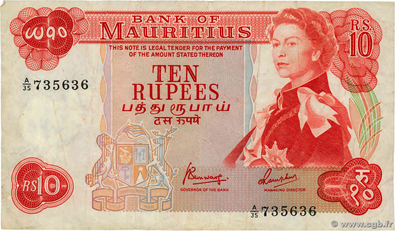 10 Rupees MAURITIUS 1967 P.31c 513975 Banknotes