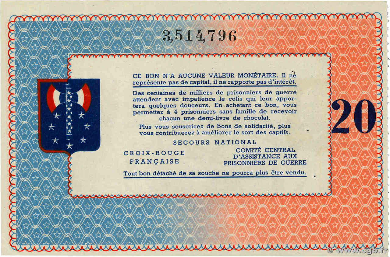 20 Francs BON DE SOLIDARITÉ FRANCE regionalism and miscellaneous 1941 ...