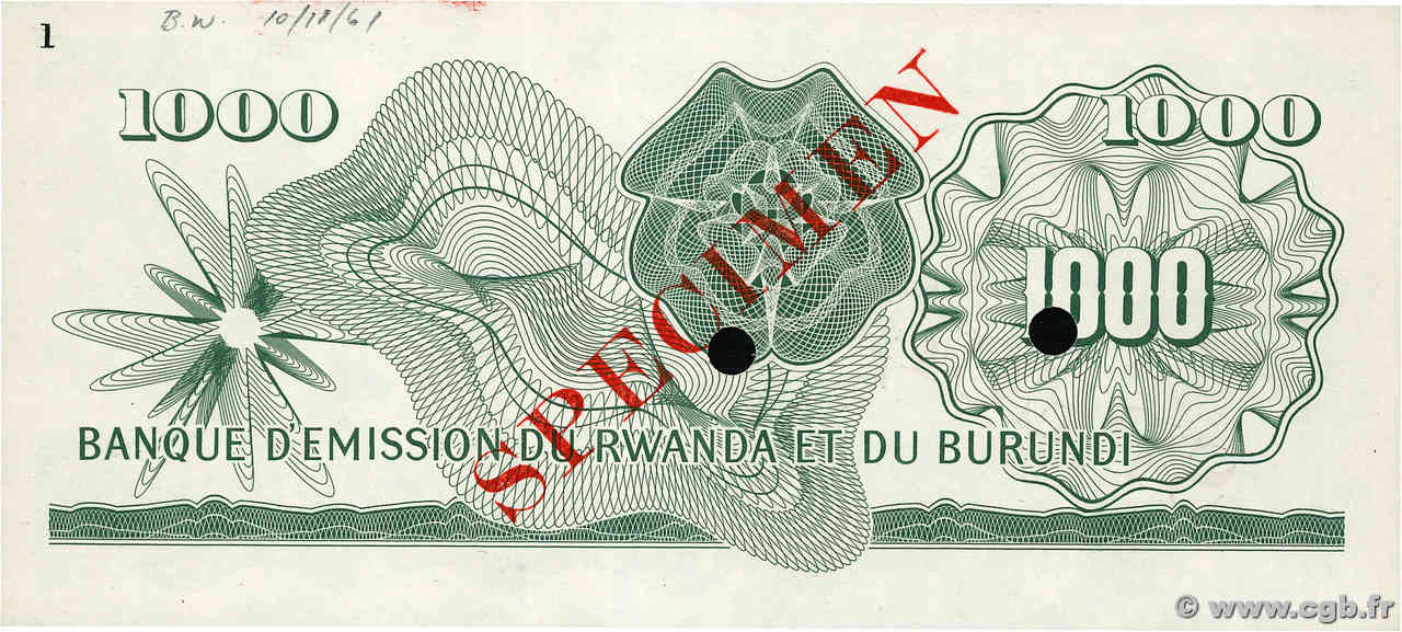 1000 Francs Spécimen RWANDA BURUNDI 1960 P.07s 520185 Banknotes