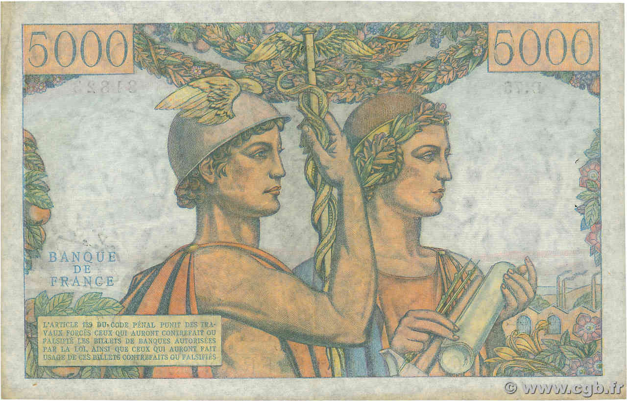 5000 Francs TERRE ET MER FRANCE 1951 F.48.05 520283 Billets
