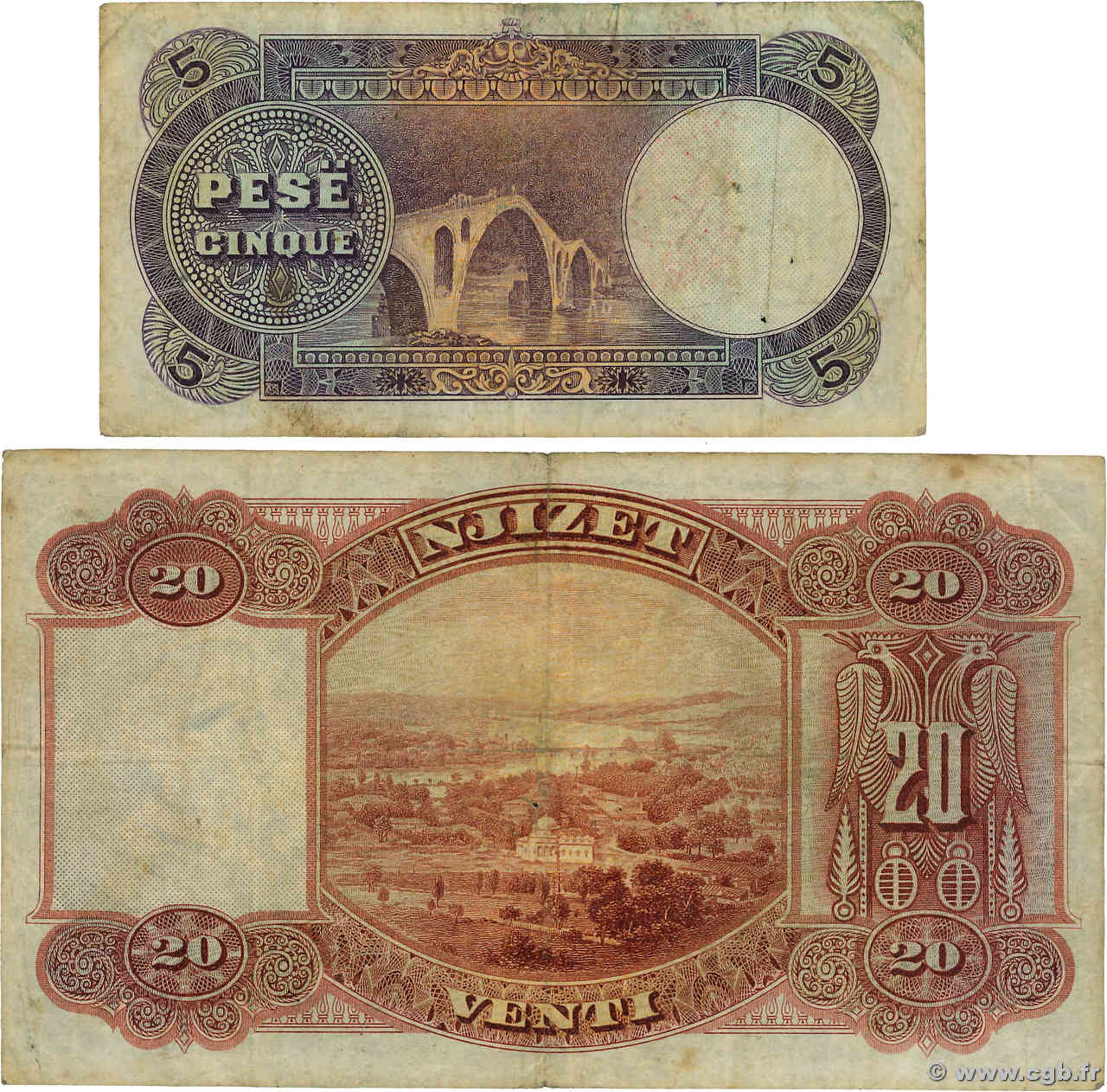 5 et 20 Franka Ari Lot ALBANIA 1926 P.02b et P.03 522527 Banknotes