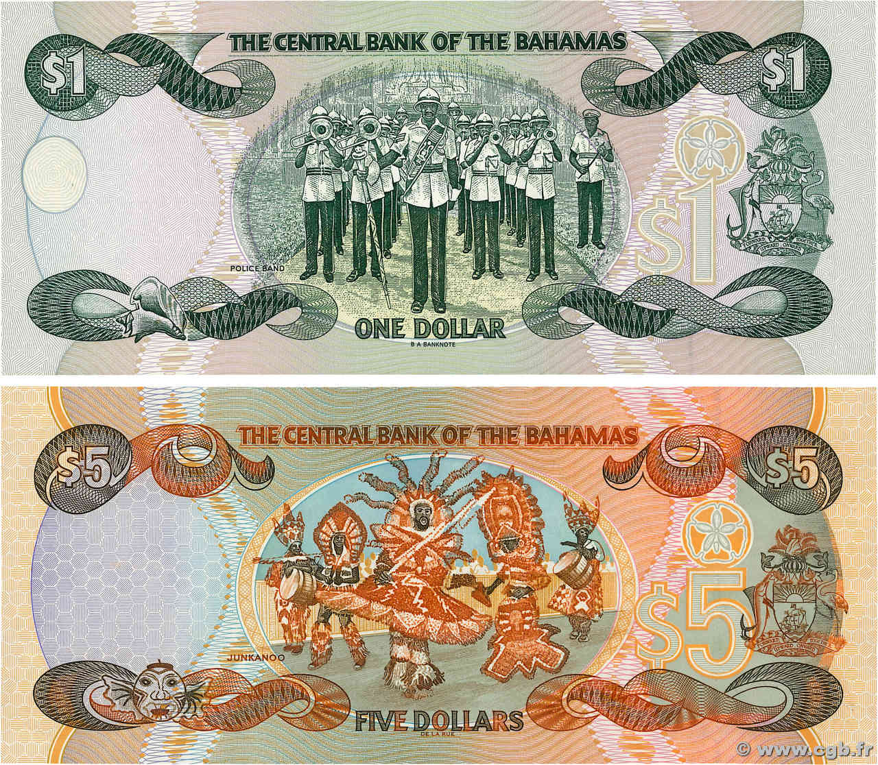 1 et 5 Dollars Lot BAHAMAS 2001 P.57a et P.63b 522622 Billets