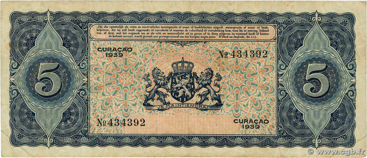 5 Gulden CURACAO 1939 P.22 523117 Banknotes
