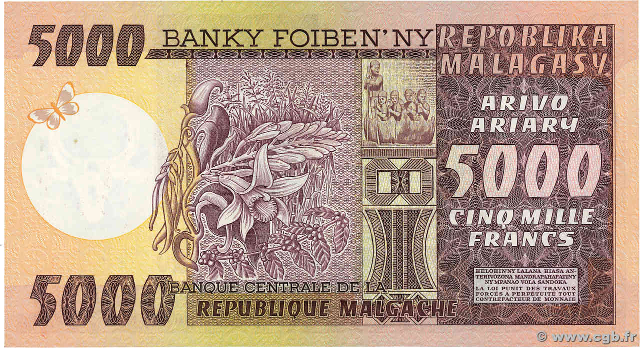 5000 Francs - 1000 Ariary MADAGASCAR 1974 P.066a 523141 Billets