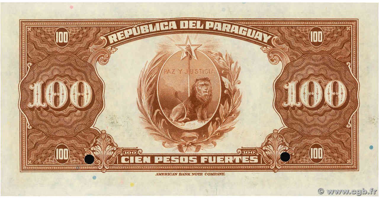 100 Pesos Fuertes Spécimen PARAGUAY 1923 P.168s 523149 Banknotes