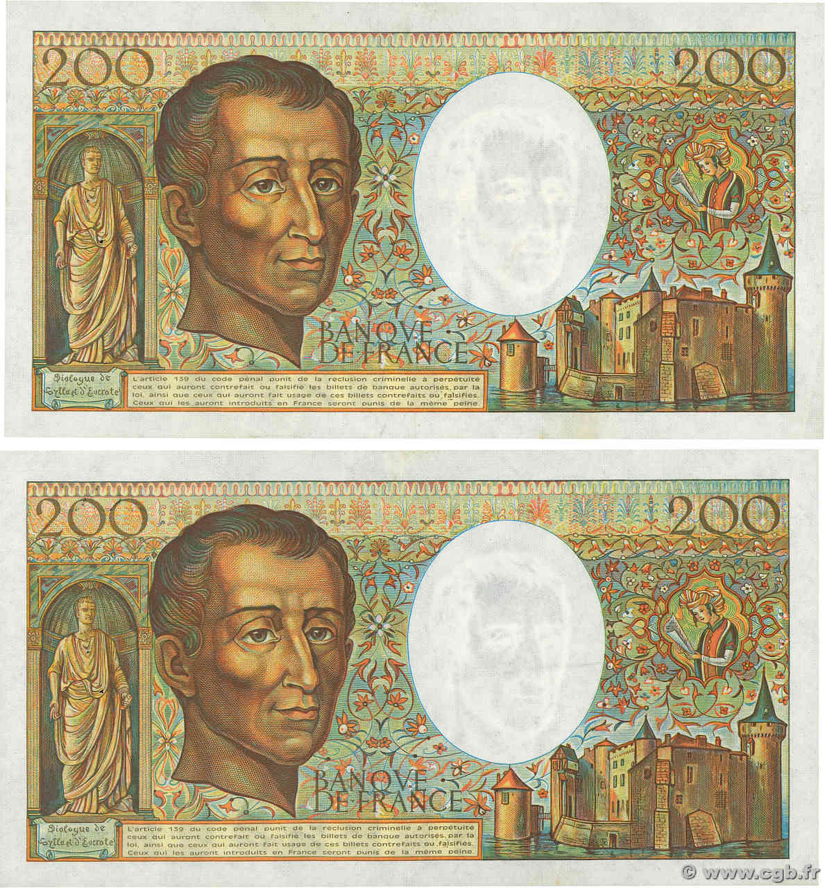 200 Francs MONTESQUIEU Consécutifs FRANCE 1986 F.70.06 524110 Banknotes