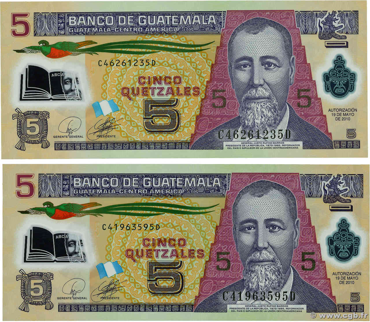 5 Quetzales Lot GUATEMALA 2010 P.122a 525978 Banknotes