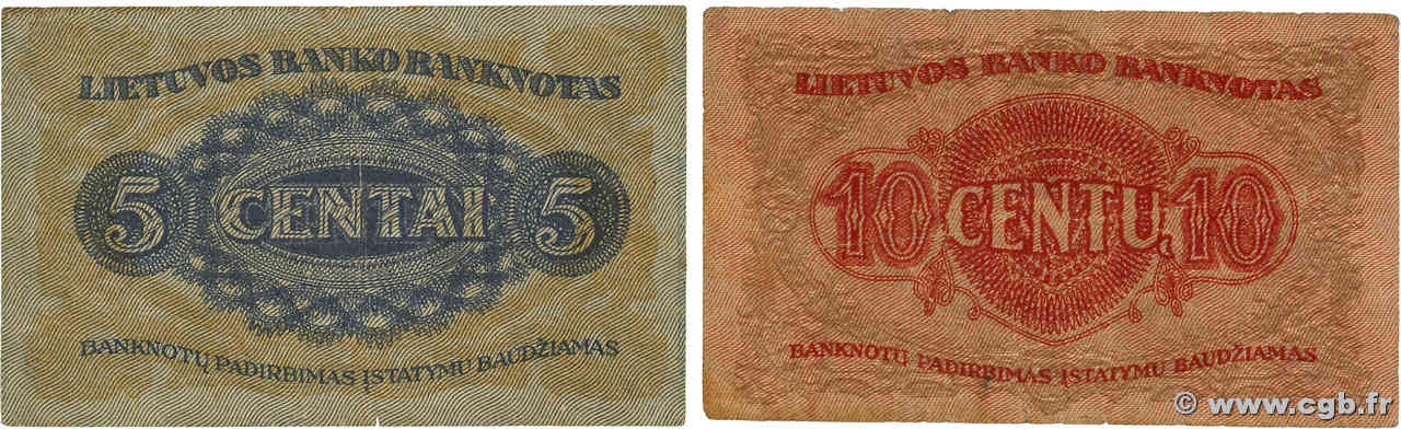 5 et 10 Centai LITHUANIA 1922 P.09a et P.10a 526718 Banknotes