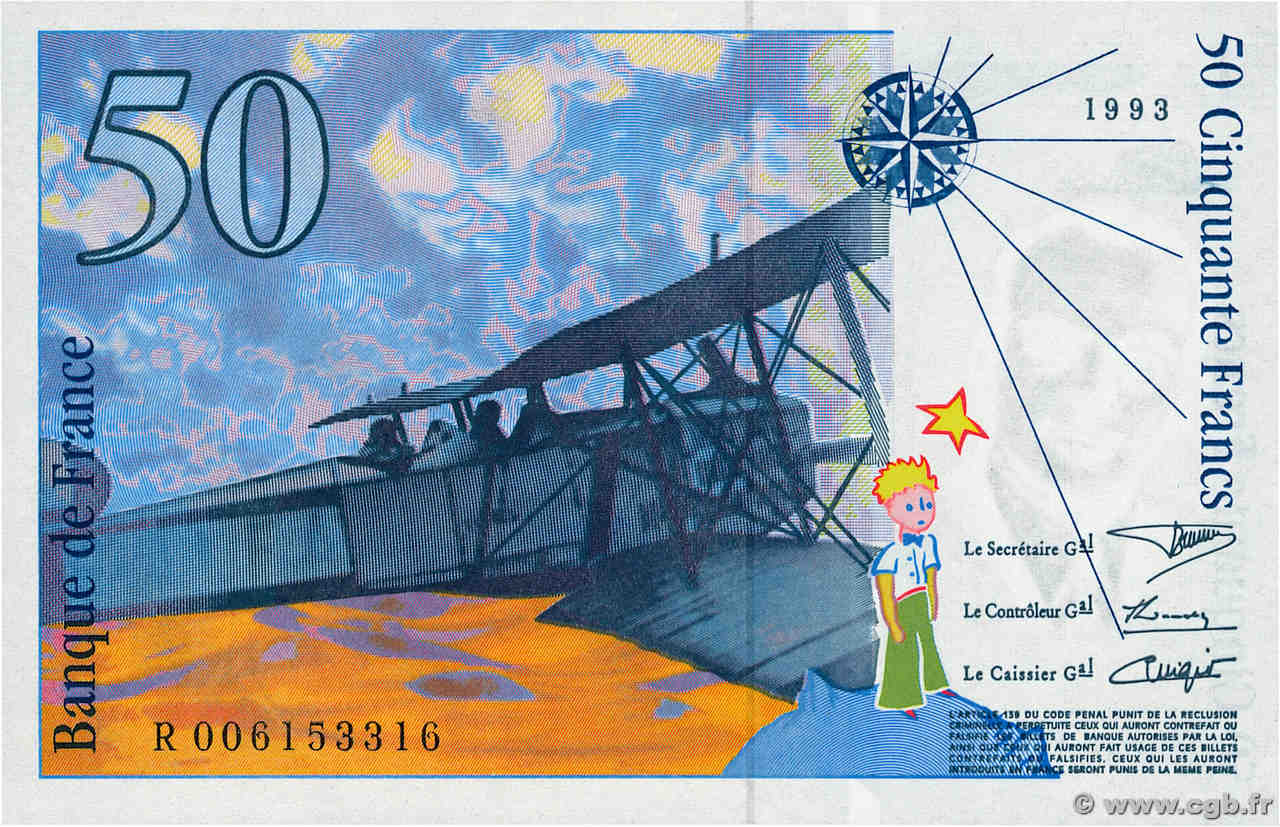 50 Francs SAINT-EXUPÉRY Mouton décalé Fauté FRANCE 1993 F.72f1.02 ...