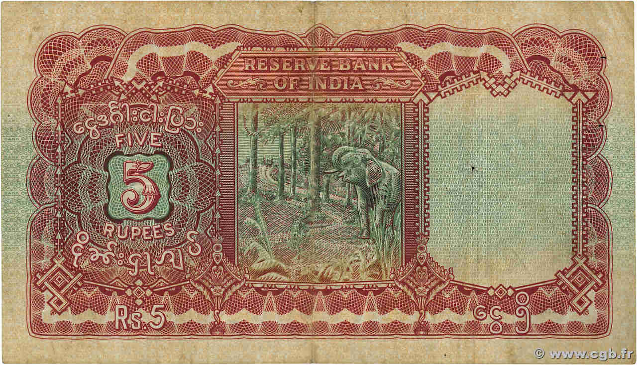 5 Rupees BURMA (SEE MYANMAR) 1938 P.04 527492 Banknotes