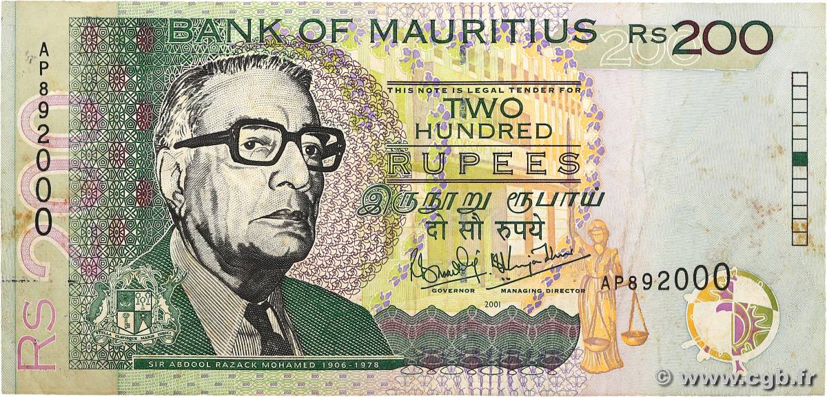 200 Rupees ÎLE MAURICE 2001 P.52b 531315 Billets