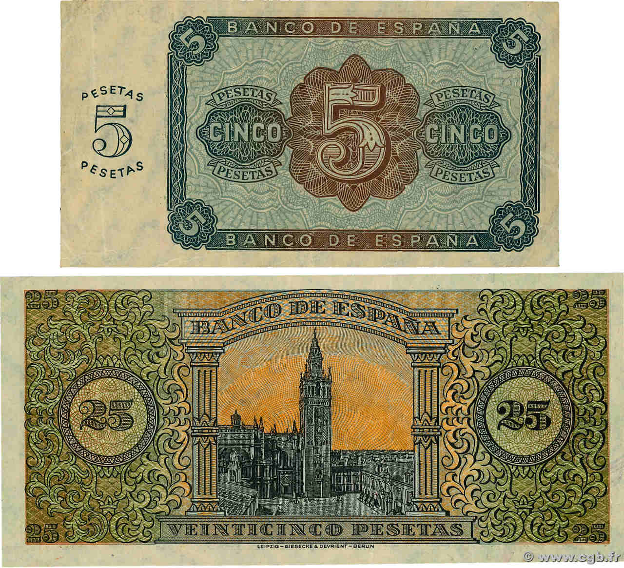 5 et 25 Pesetas Lot ESPAGNE 1938 P.110 et 111 535592 Billets