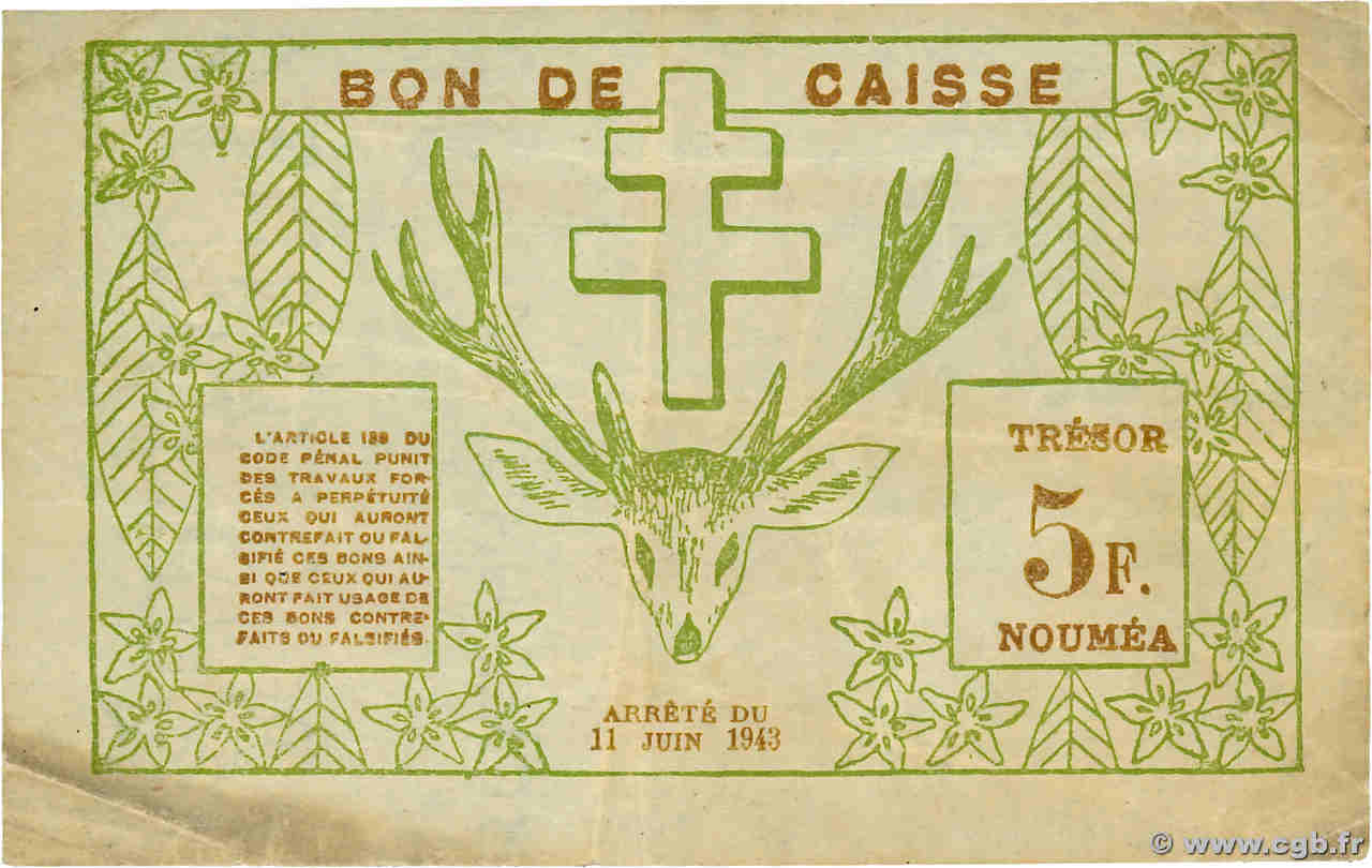 5 Francs NOUVELLE CALÉDONIE 1943 P.58 538612 Billets