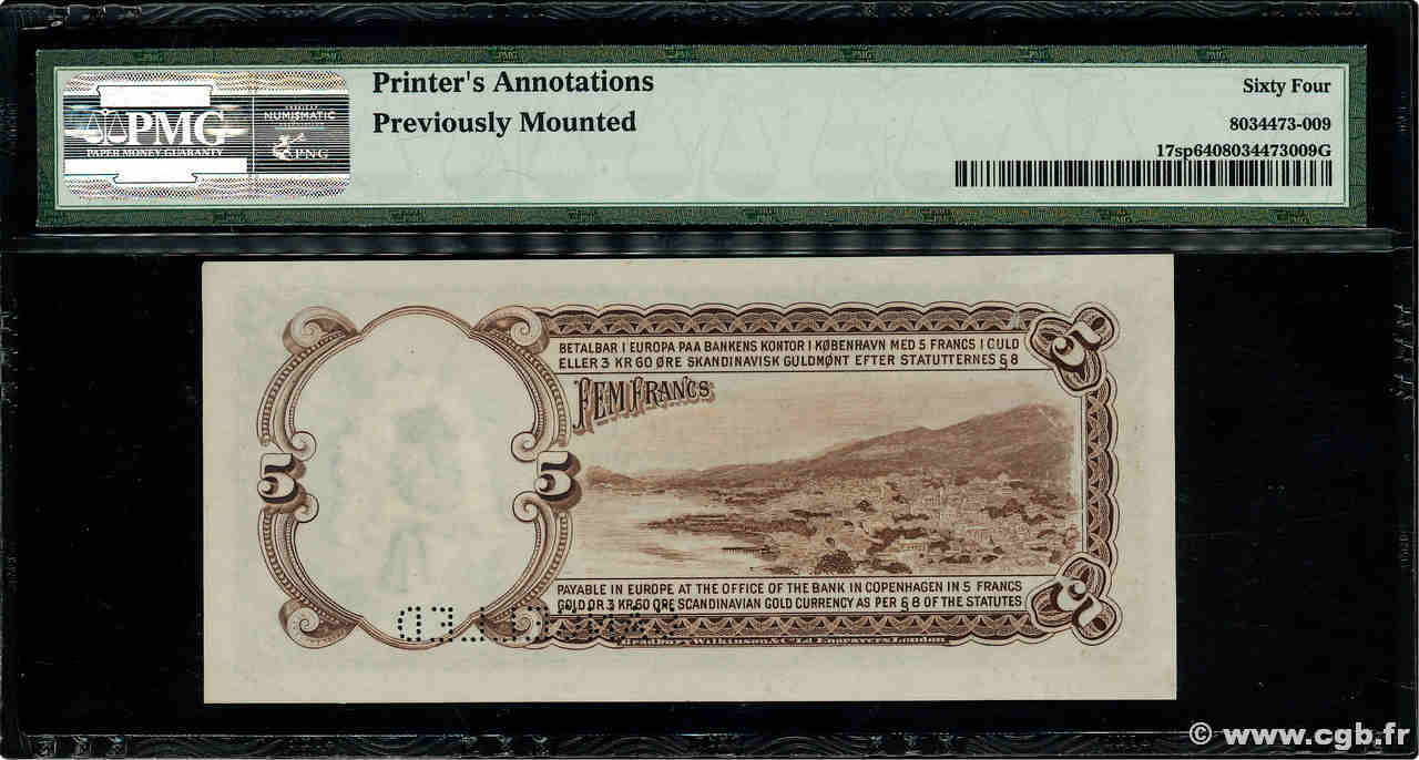 5 Francs Spécimen DANISH WEST INDIES (VIRGIN ISLANDS) 1905 P.017sP ...