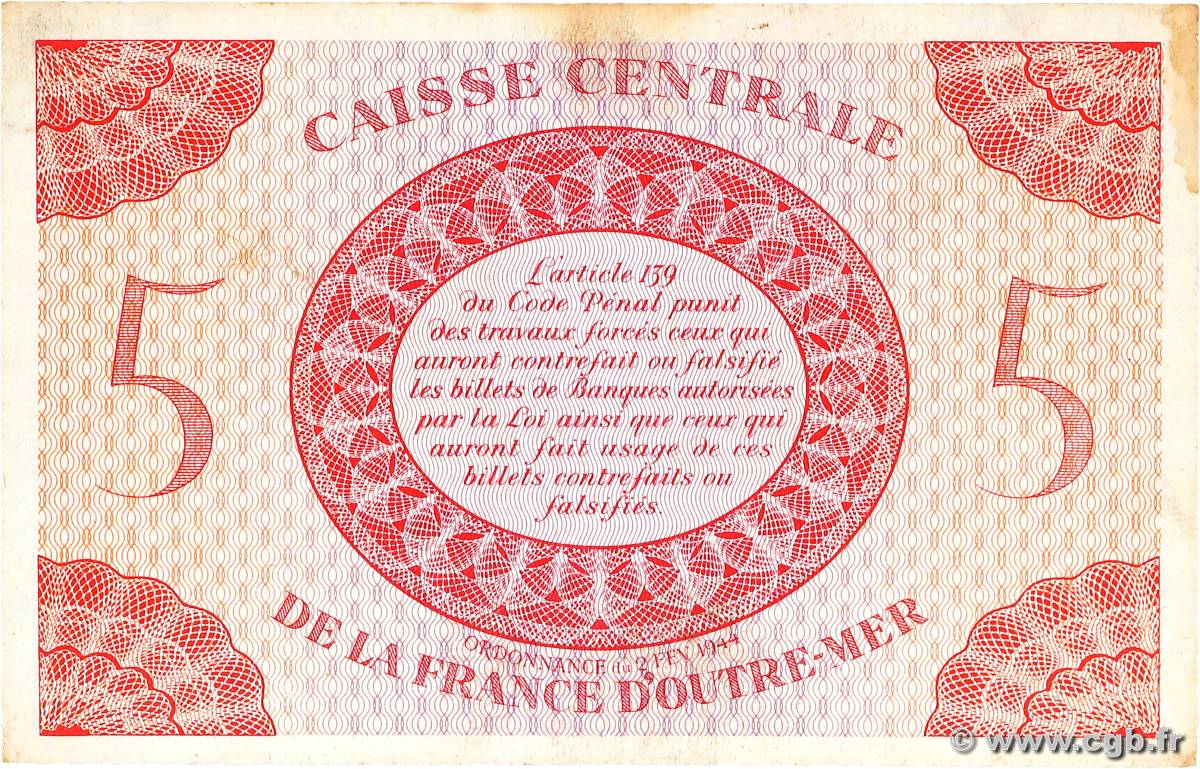 5 Francs Marianne CCFOM FRENCH EQUATORIAL AFRICA 1944 A.124f 540944 ...