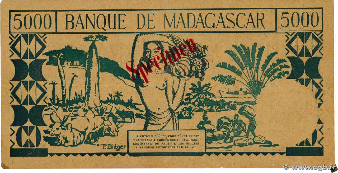 5000 Francs Spécimen MADAGASCAR 1942 P.044s 543961 Banknotes