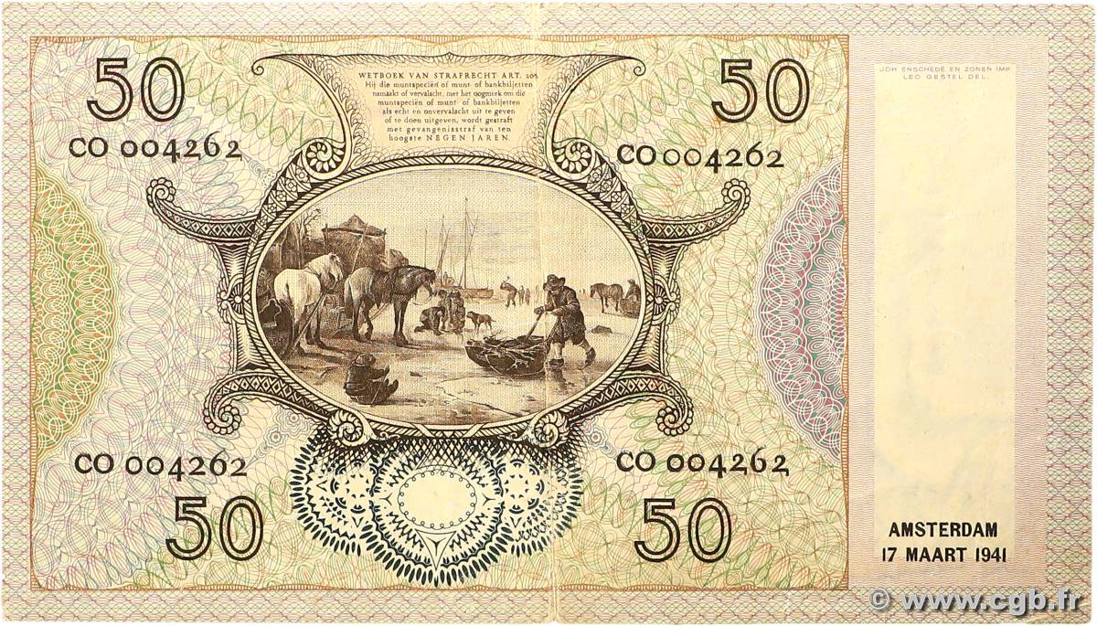 50 Gulden NETHERLANDS 1941 P.058 544488 Banknotes