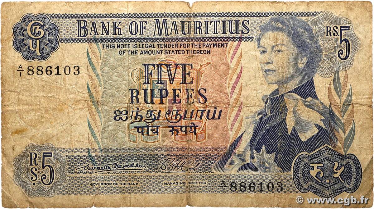 5 Rupees MAURITIUS 1967 P.30a 547932 Banknotes