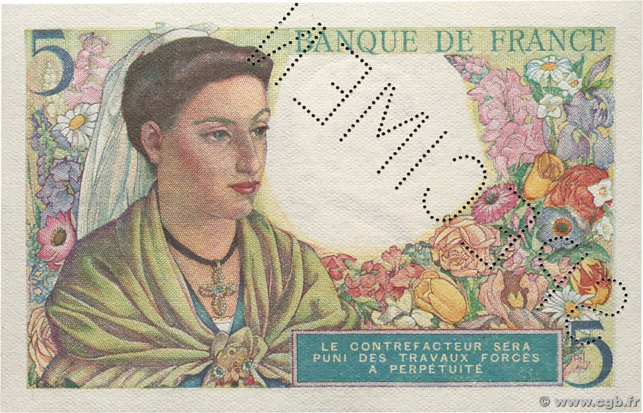 5 Francs BERGER Spécimen FRANCE 1943 F.05.01Sp 555203 Billets