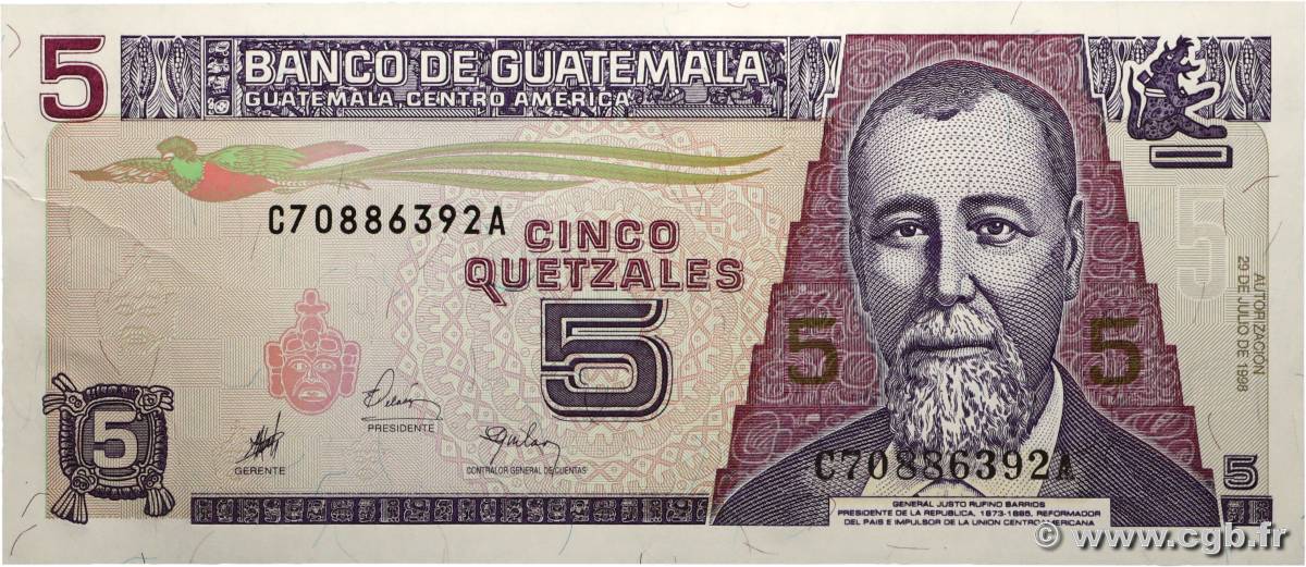 5 Quetzales GUATEMALA 1998 P.100 556452 Billets