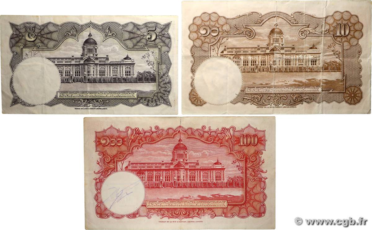 5, 10 et 100 Baht Lot THAÏLANDE 1955 P.075c, P.076c et P.078b 559227 Billets