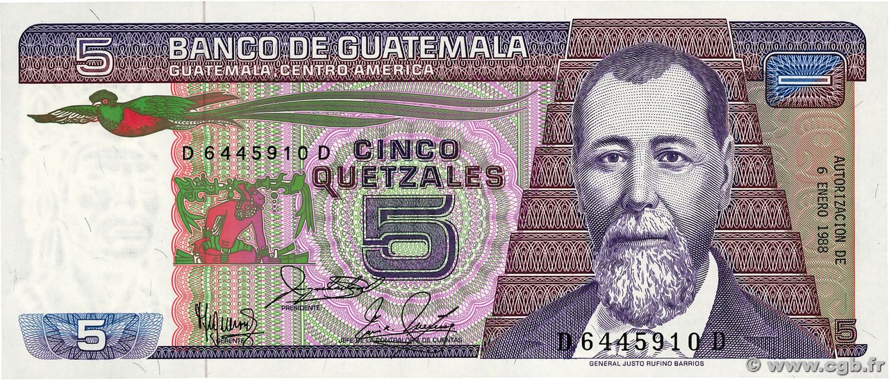 5 Quetzales GUATEMALA 1988 P.067 b01_4873 Banknotes