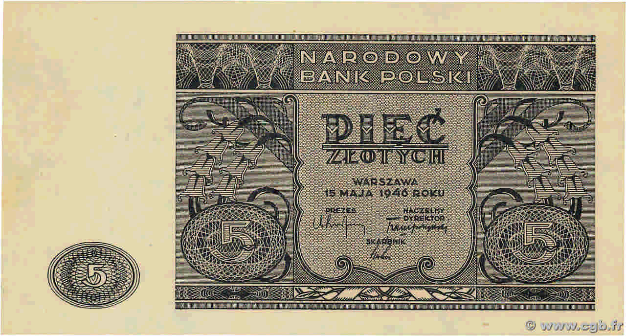 5 Zlotych POLAND 1946 P.125 b01_5329 Banknotes