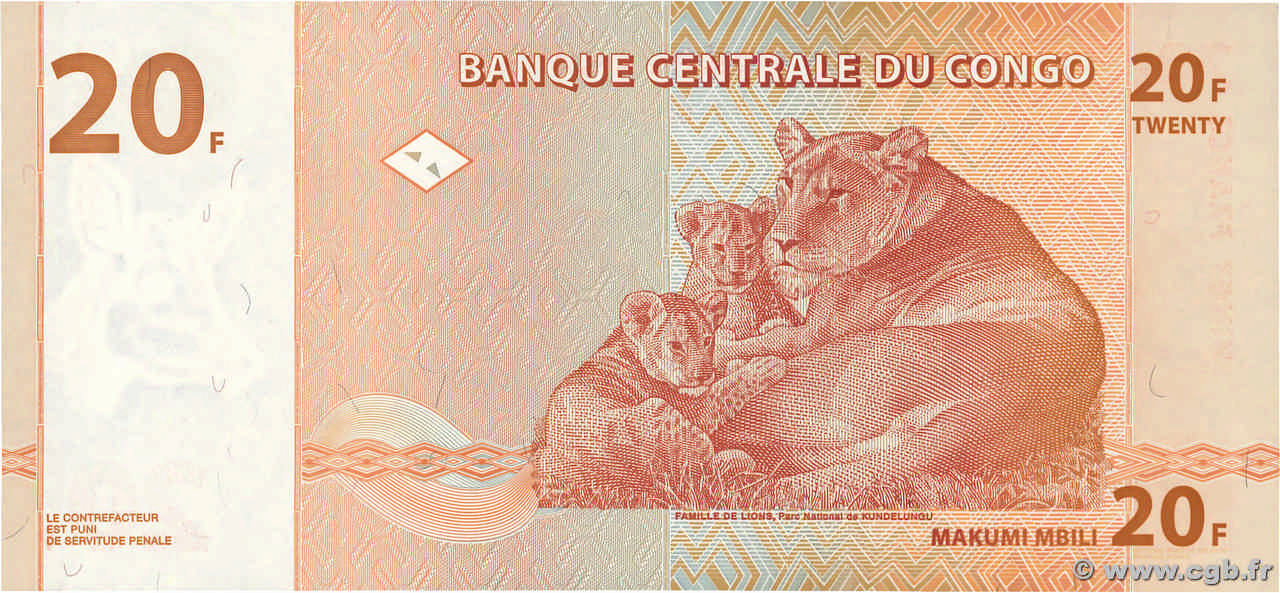 20 Francs RÉPUBLIQUE DÉMOCRATIQUE DU CONGO 1997 P.088 b01_9934 Billets