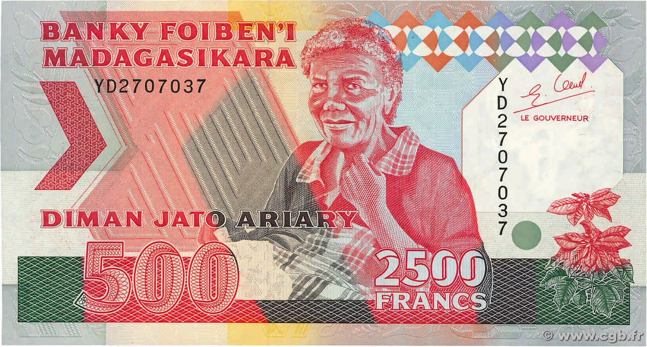 2500 Francs - 500 Ariary MADAGASCAR 1988 P.072Ab b02_2633 Banknotes