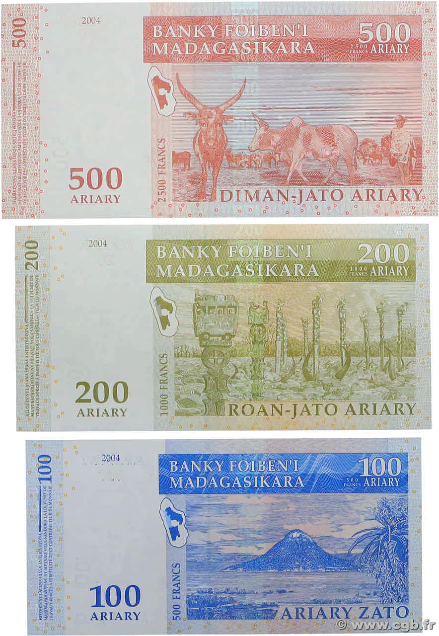 100, 200 et 500 Ariary Lot MADAGASCAR 2004 P.086a, P.087b et P.095a b02 ...