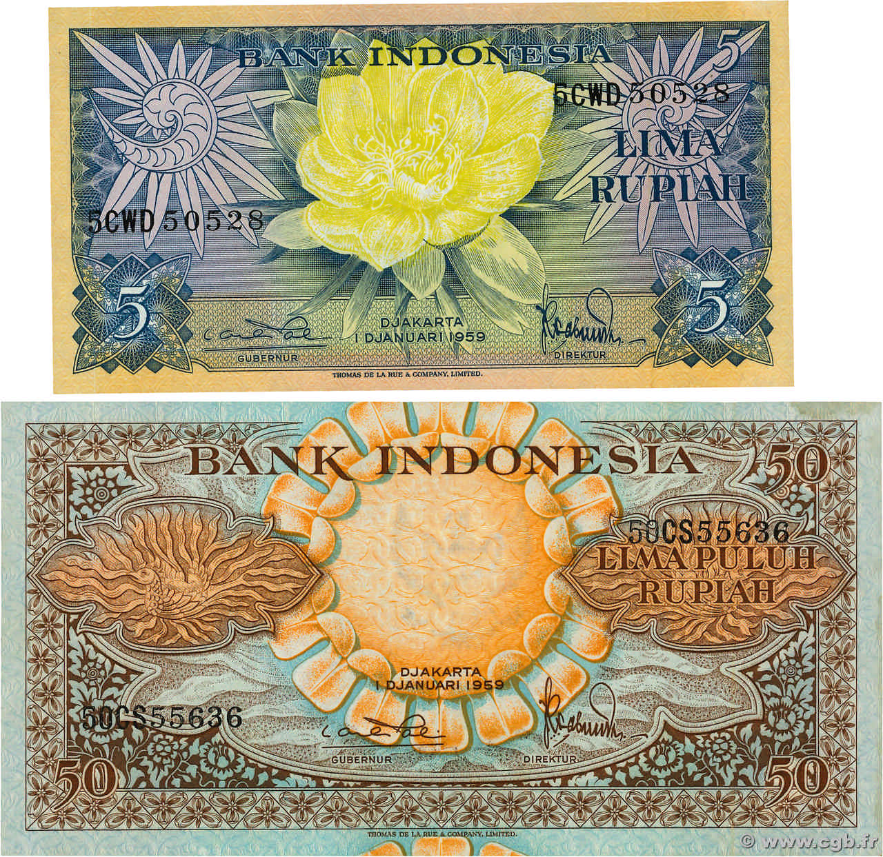 5 Rupiah Lot INDONÉSIE 1959 P.065 et P.068 b02_2826 Billets