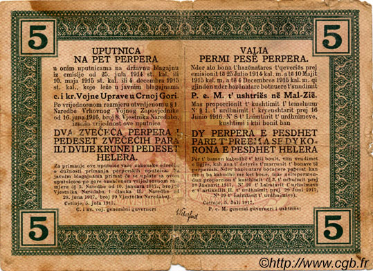 5 Perpera MONTENEGRO 1917 P.M.150 b39_0988 Billets