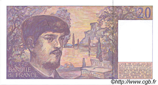 20 Francs DEBUSSY à fil de sécurité FRANCE 1992 F.66bis.03 b43_4382 Billets