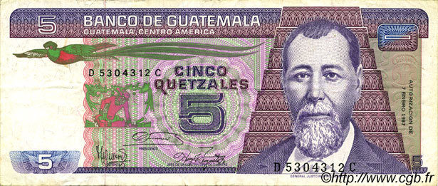5 Quetzales GUATEMALA 1987 P.067 b44_0712 Banknotes