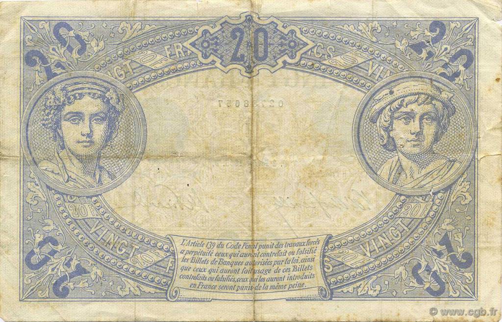 20 Francs BLEU FRANCE 1906 F.10.01 b51_0163 Billets