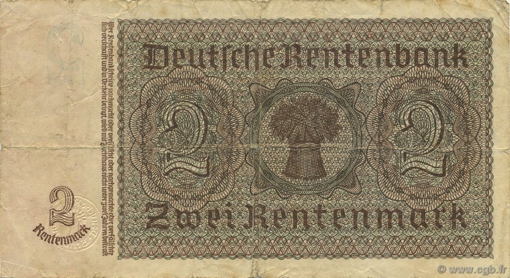 2 Rentenmark GERMANY 1937 P.174a b61_1749 Banknotes