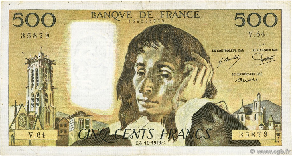 500 Francs PASCAL FRANCE 1976 F.71.15a b62_3808 Billets
