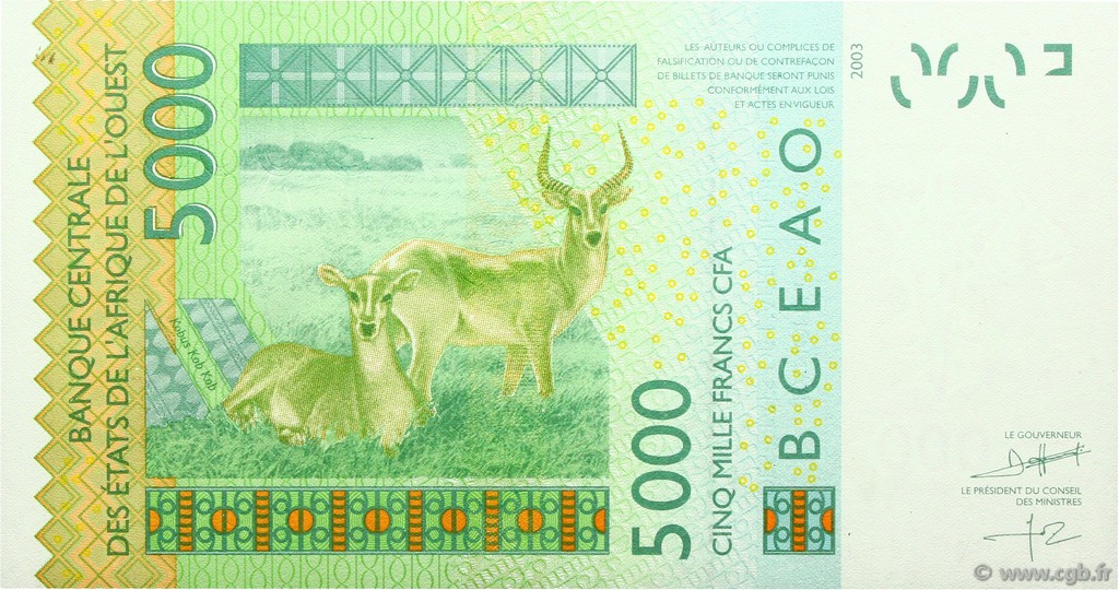5000 Francs ÉTATS DE L'AFRIQUE DE L'OUEST 2010 P.817Ti b70_0483 Billets