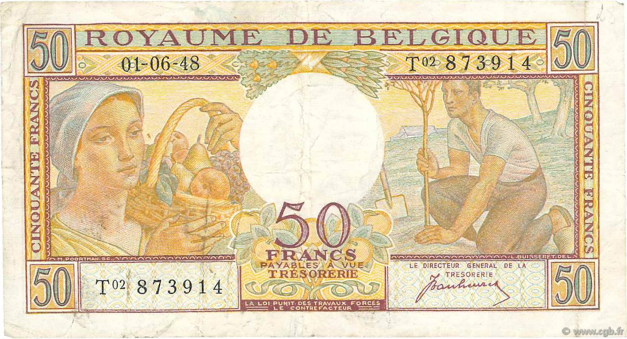 50 Francs BELGIQUE 1948 P.133a b76_0364 Billets