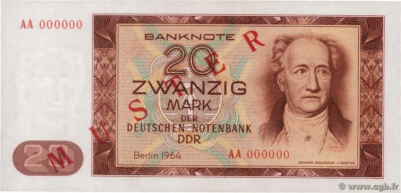 20 Mark Spécimen GERMAN DEMOCRATIC REPUBLIC 1964 P.24s b83_0140 Banknotes
