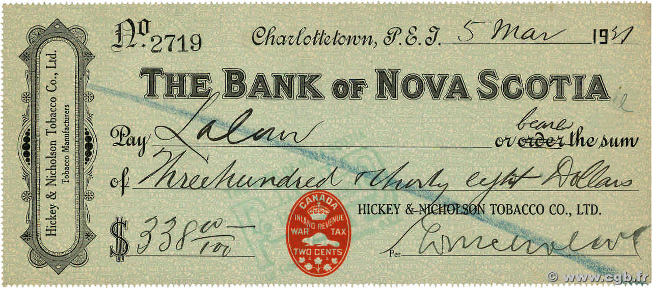 338 Dollars CANADA Charlottetown 1931 DOC.Chèque b83_3768 Billets