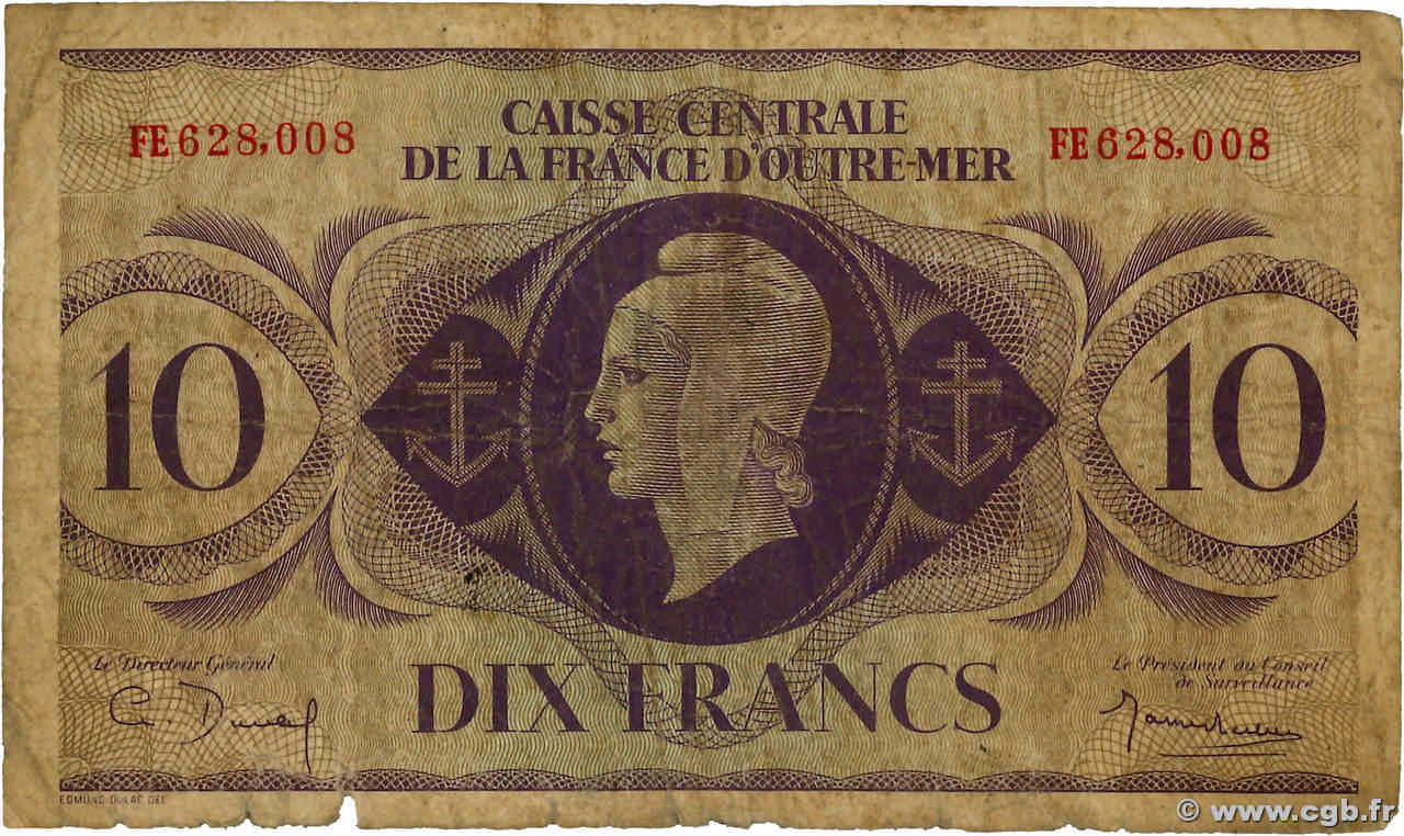 10 Francs Marianne CCFOM FRENCH EQUATORIAL AFRICA 1944 A.125a b83_9109 ...
